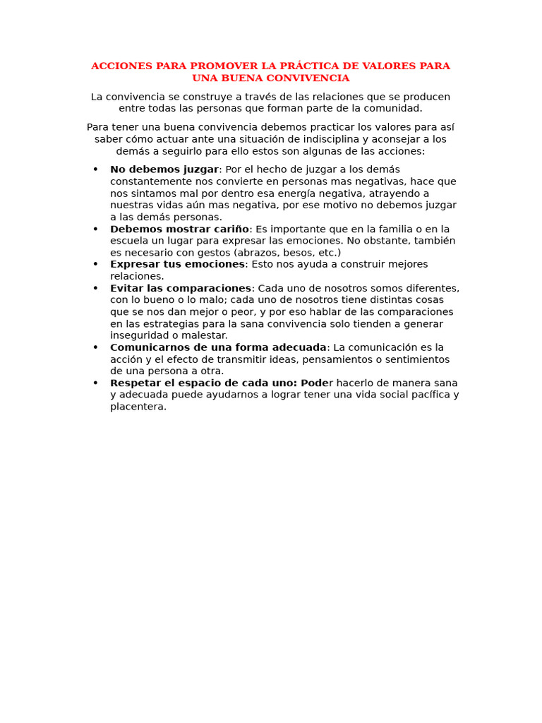 ACCIONES PARA PROMOVER LA PRÁCTICA DE VALORES PARA UNA BUENA ...