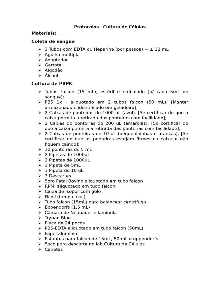 Protocolo Cultura de Células - ATUALIZADO - FINAL | PDF
