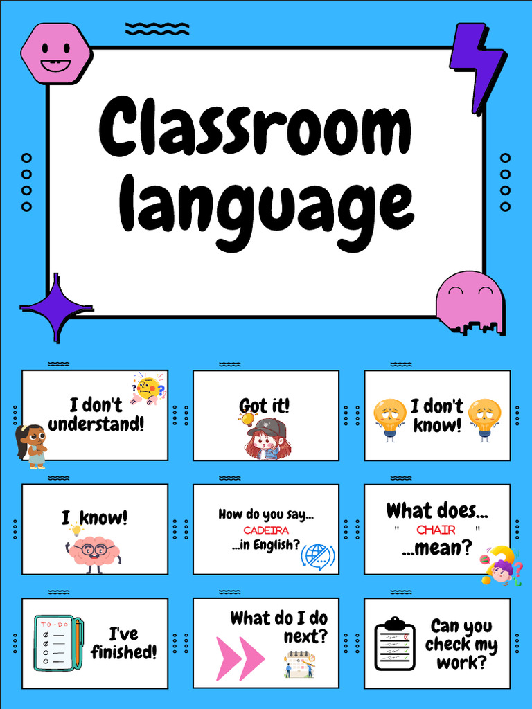 CLASSROOM LANGUAGE - 1 impressão em folha A3 colorida e plastificada para cada turma 9 anos A e ...