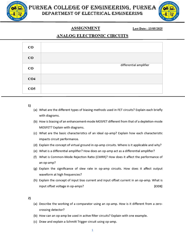 3rd Sem AE Assignment - 2025 Last Date 13 May 2025 | PDF | Amplifier | Operational Amplifier