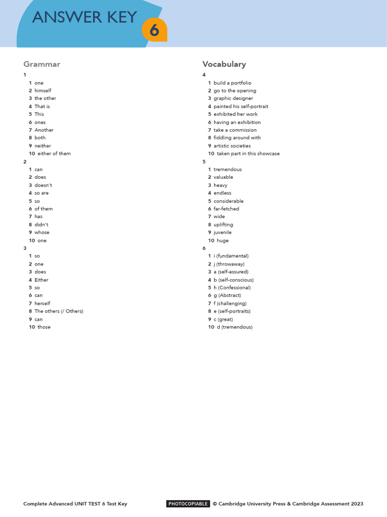 Unit Test 6 Answer Key | PDF
