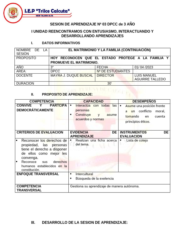 SESION DE APRENDIZAJE Nª 03 DPCC de 3 AÑO (CONTINUACIÓN) | PDF | Aprendizaje | Evaluación