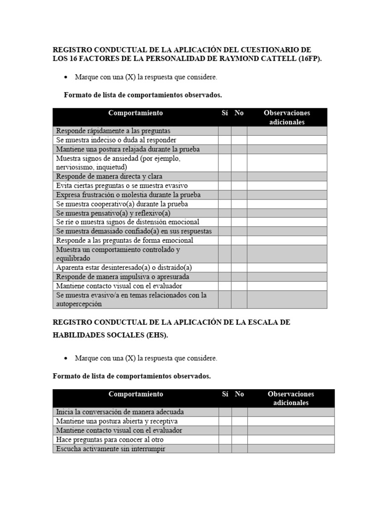 Registro Conductual de La Aplicación Del Cuestionario de Los 16 ...
