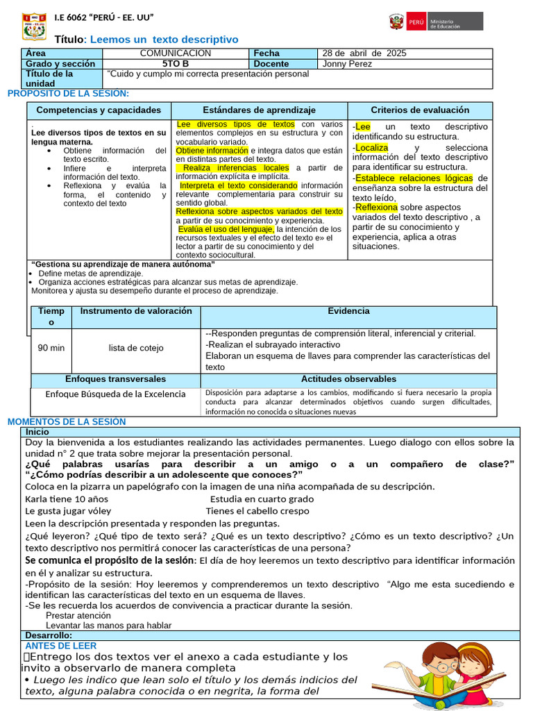 Estructura de un texto descriptivo | PDF | Aprendizaje | Información