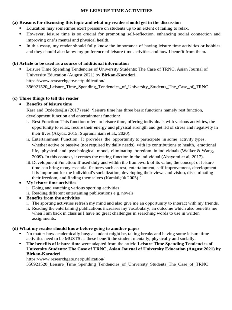 Importance of Leisure Time Activities | PDF | Leisure | Psychology