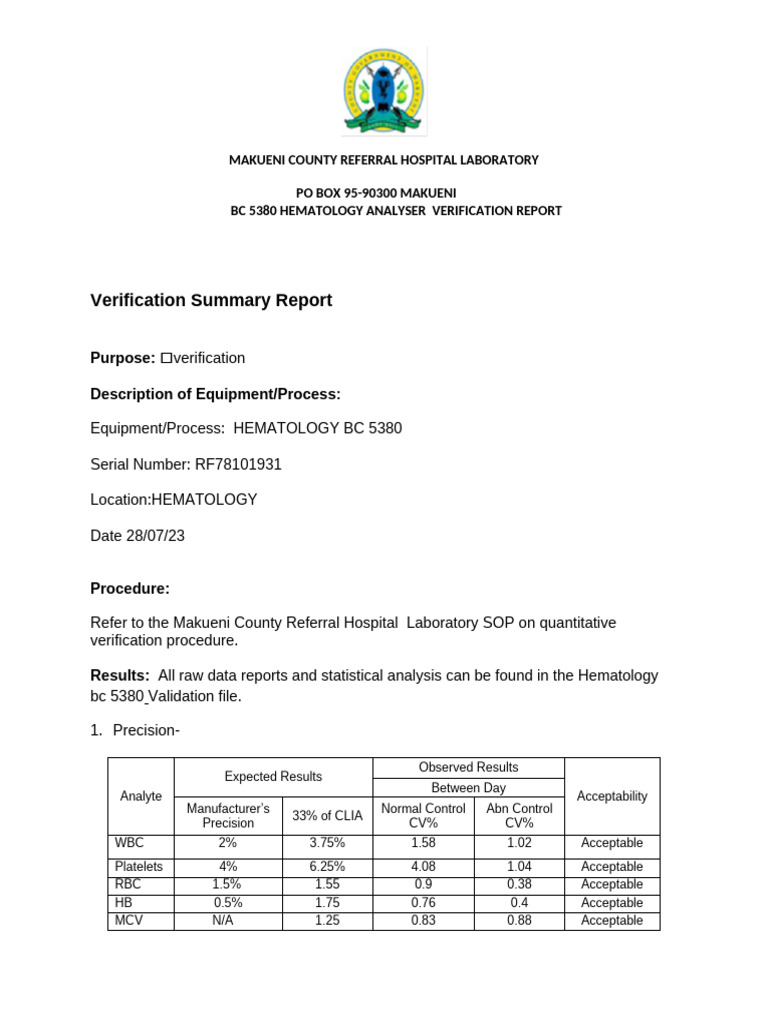 Hematology BC Verification Report | PDF | White Blood Cell | Tissue (Biology)