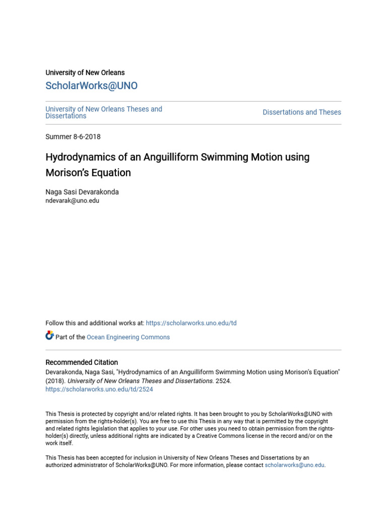 Hydrodynamics of An Anguilliform Swimming Motion Using | PDF | Drag (Physics) | Applied And ...