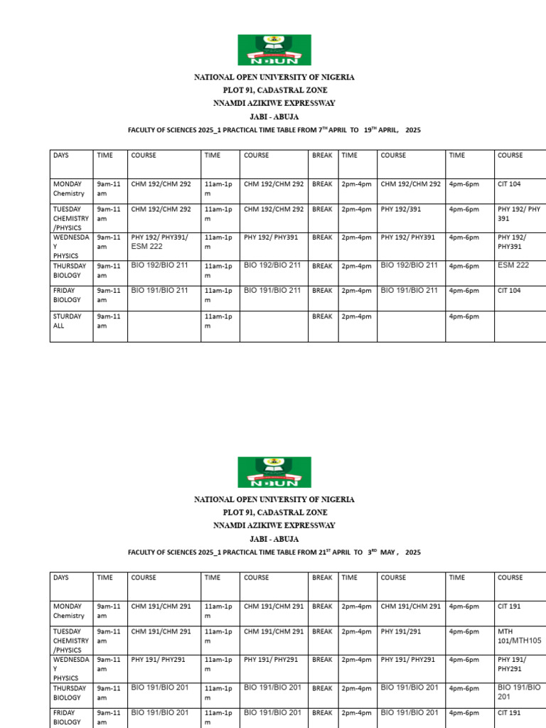 FACULTY OF SCIENCES 2025_1 PRACTICAL TIME TABLE | PDF