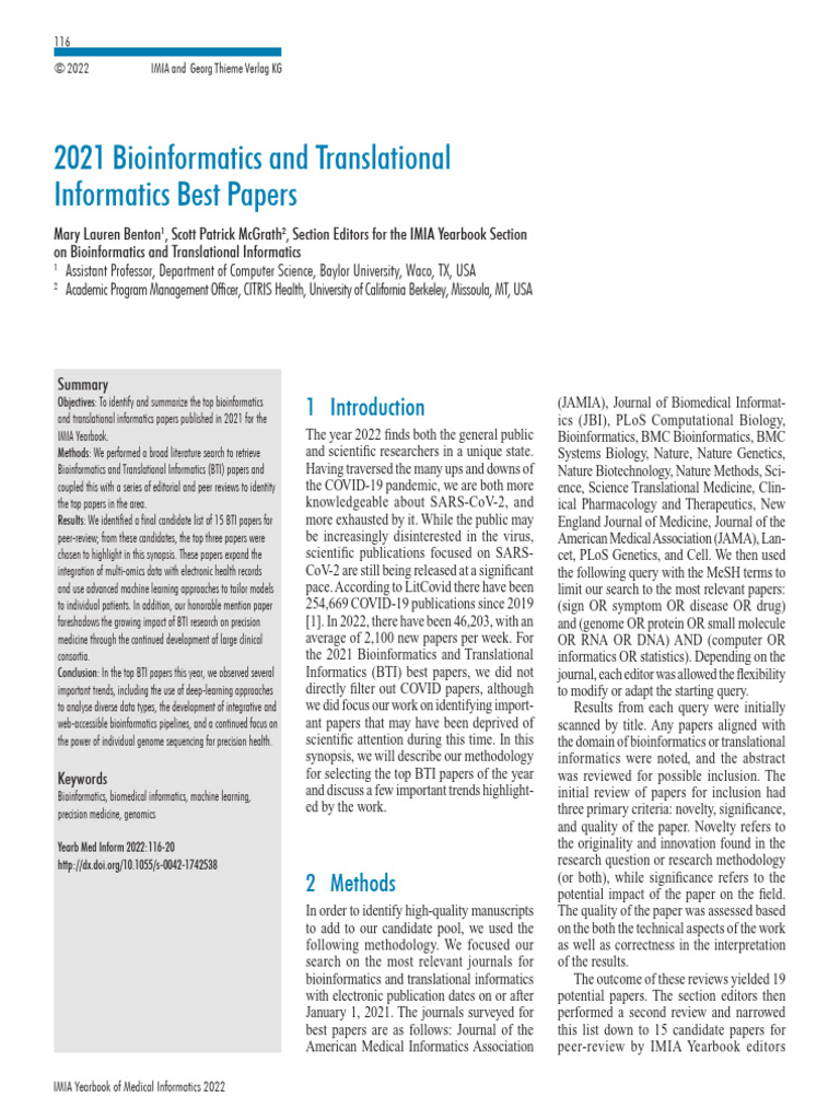 2021 Bioinformatics and Translational Informatics | PDF | Bioinformatics | Health Informatics