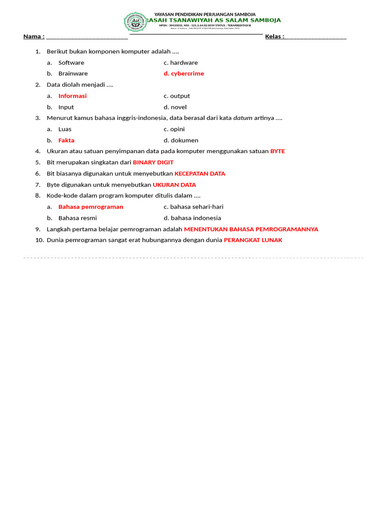 SOAL MID INFOR SMT 2 KELAS 9 2025 | PDF