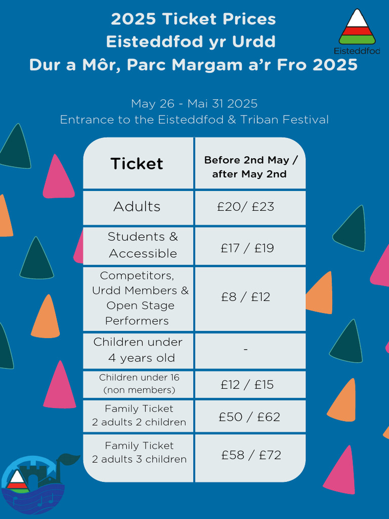 2025 Ticket Prices Eisteddfod Yr Urdd Dur A Môr, Parc Margam A'r Fro ...