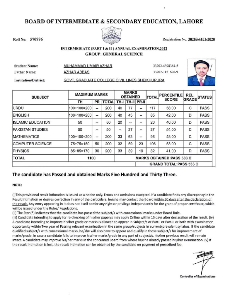 Intermediate Results Lahore Board | PDF