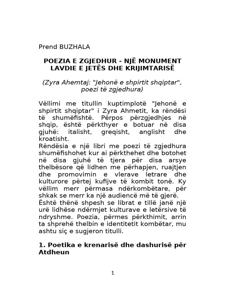 Prend Buzhala - Punim Analtik Për Poezinë e Zyra Ahmetajt | PDF