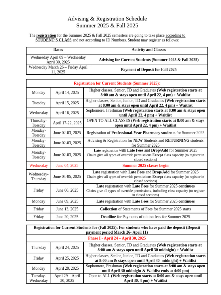 Summer & Fall 2025 Registration Schedule | PDF