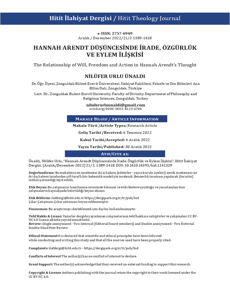 Hannah Arendt Dusuncesinde Irade Ozgurluk Ve Eylem | PDF | Free Will ...