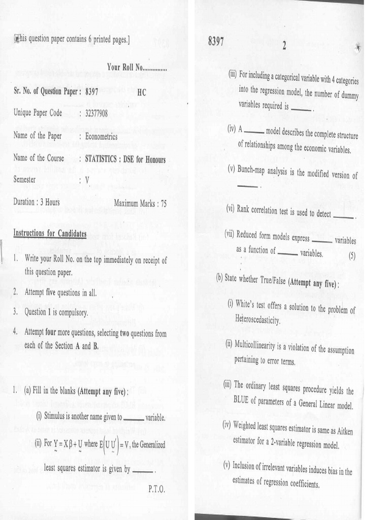 Dec 17 V Sem Stats - Econometrics Set A | PDF