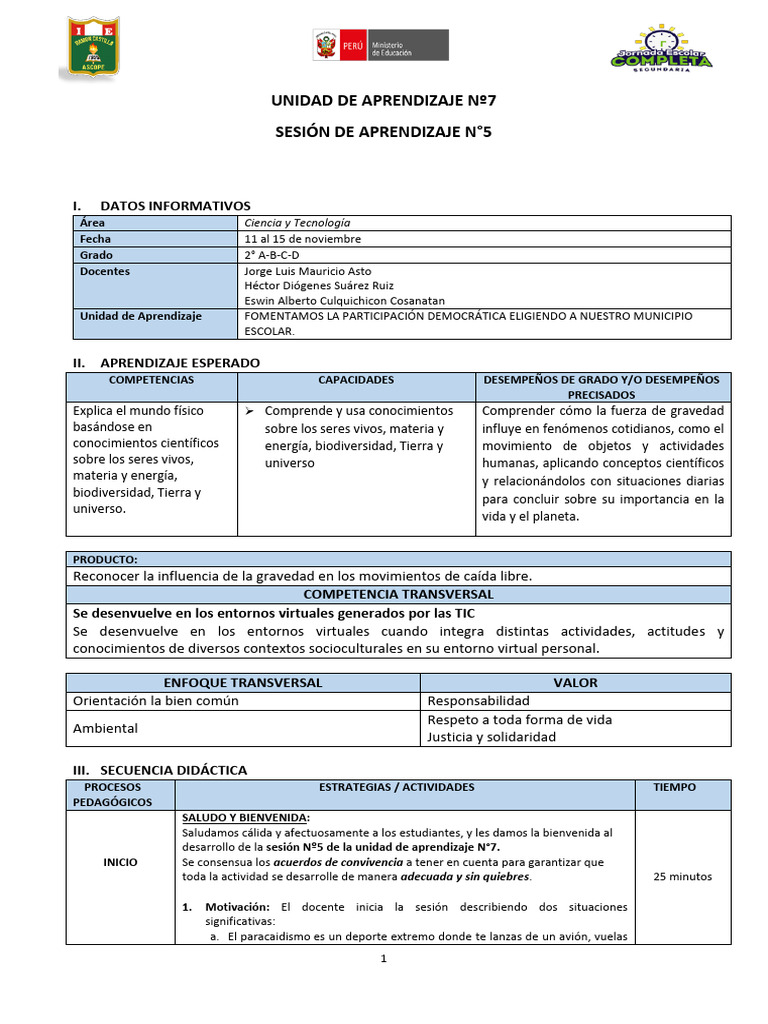 Sesión Nº5 - Uda Nº7 - Segundo Grado | PDF | Gravedad | Fuerza