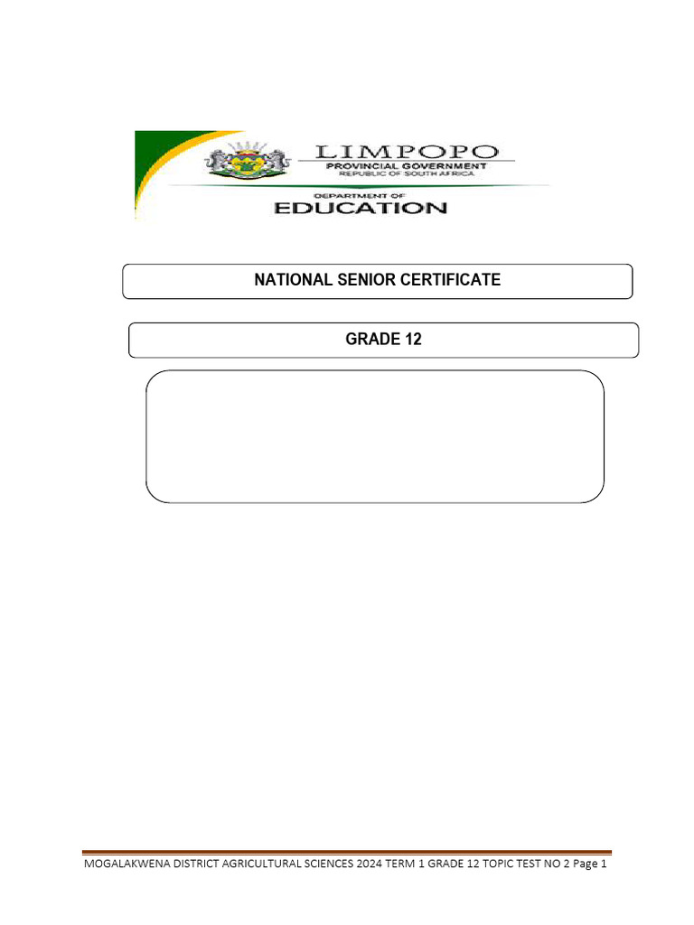 Grade 12 Agricultural Sciences Test 2024 | PDF | Farms | Animals And Humans