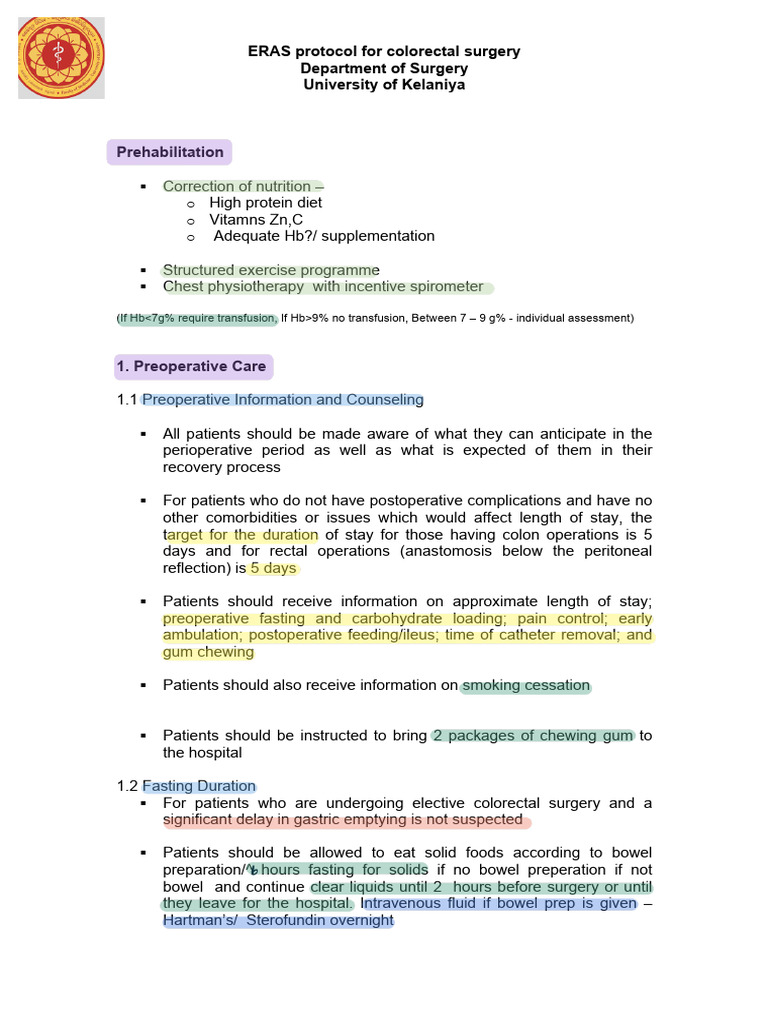 ERAS - Protocol - 240521 - 191312 | PDF | Colorectal Cancer | Perioperative