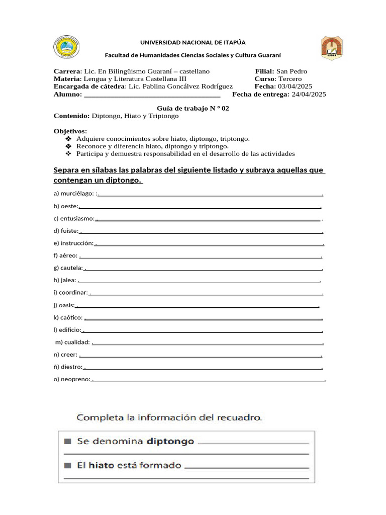 Guia 2 - Diptongos, Hiatos y Triptongos | PDF | Voz humana | Fonética