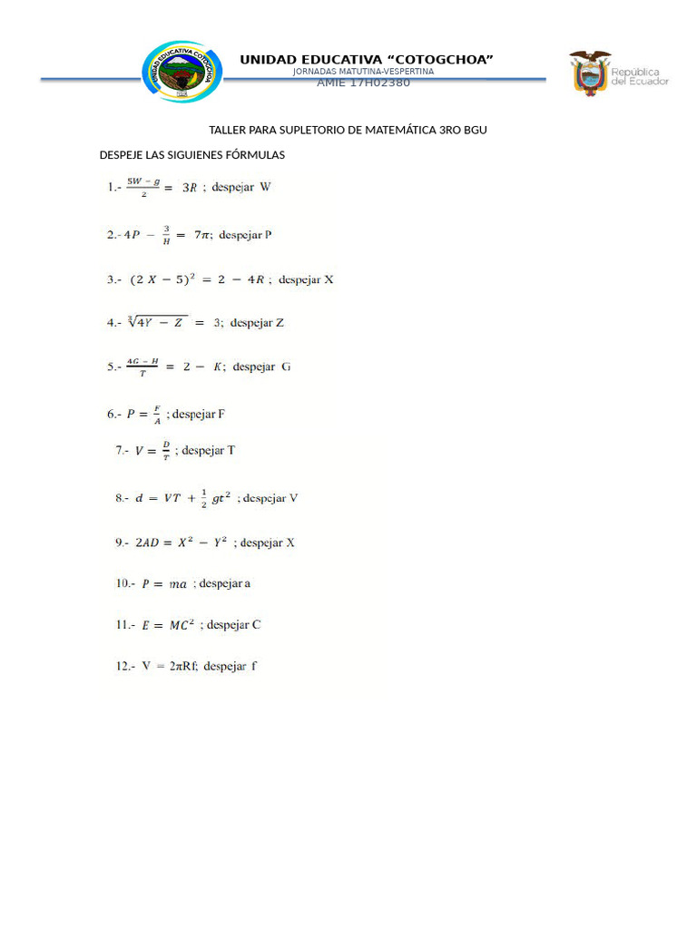 Taller para Supletorio de Matemática 3ro Bgu | PDF
