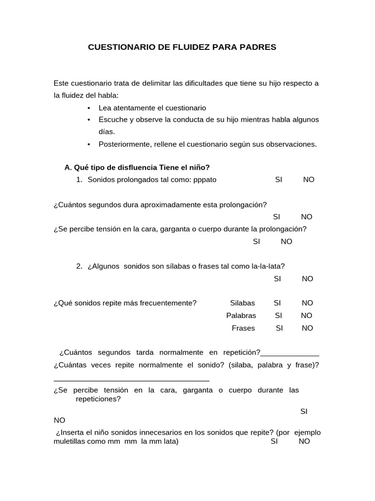 Cuestionario de Fluidez para Padres | PDF