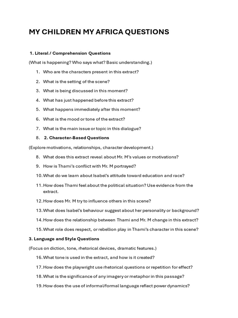 My Children My Africa Questions | PDF | Apartheid | Human Communication