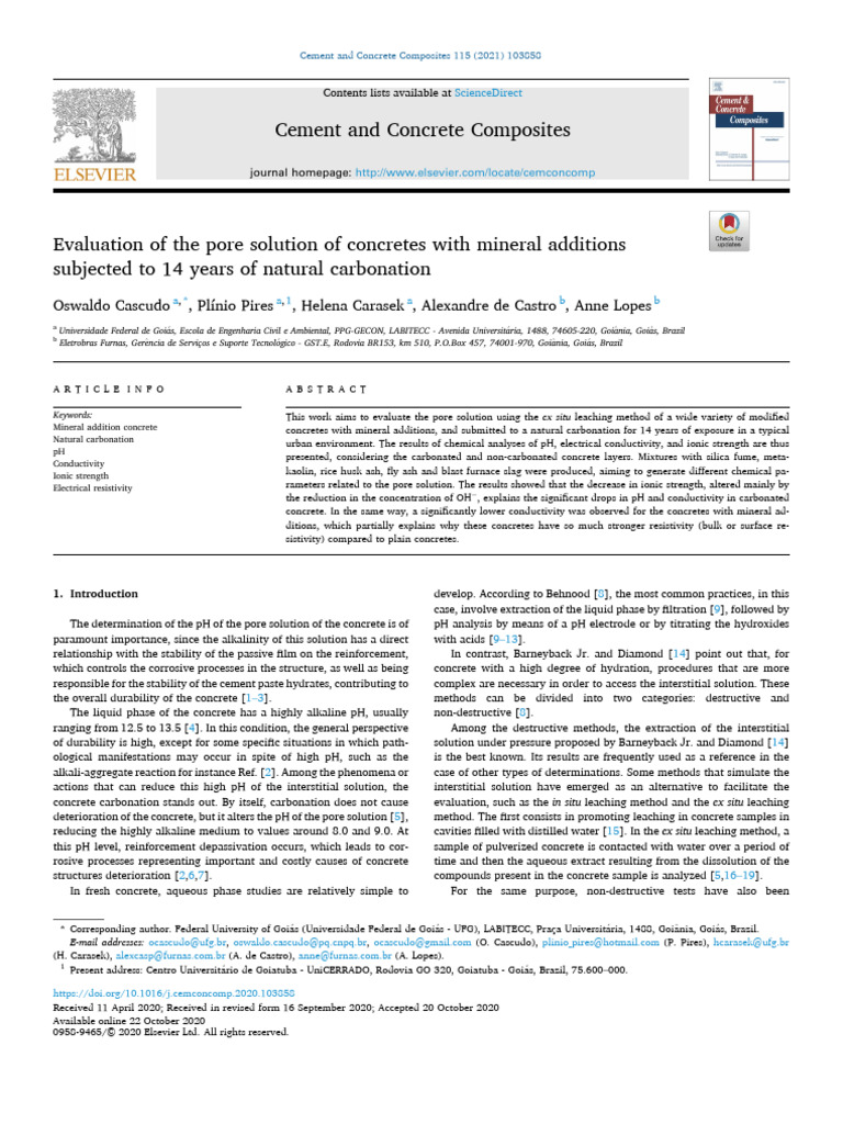 Evaluation of The Pore Solution of Concretes With Mineral Additions ...