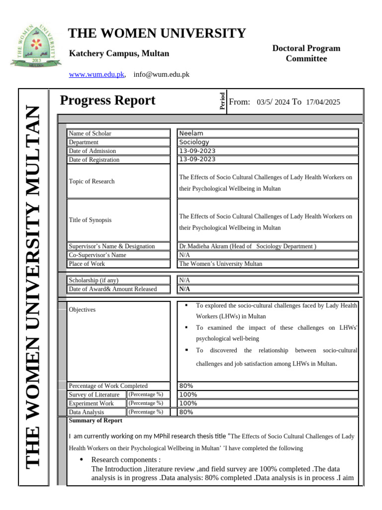 Progress Report Performa For Research Scholars (101) NK | PDF | Thesis ...