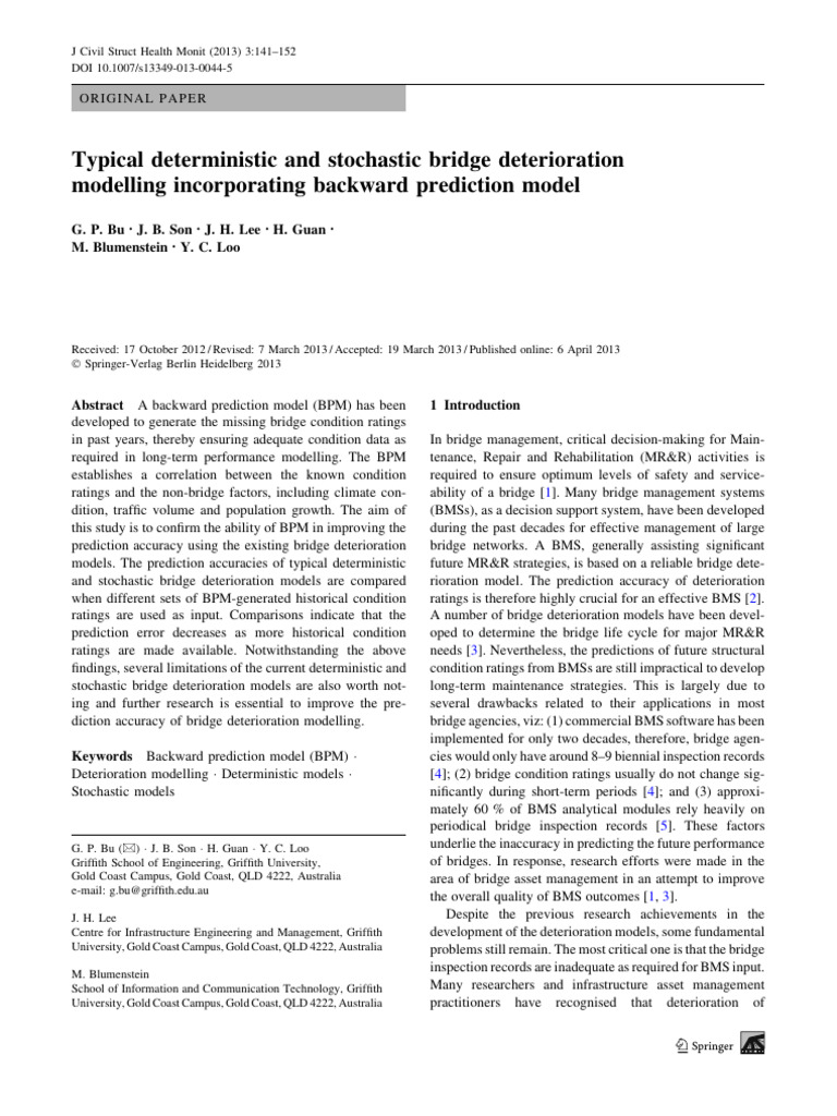 Typical Deterministic and Stochastic Bridge Deterioration Modelling Incorporating Backward ...