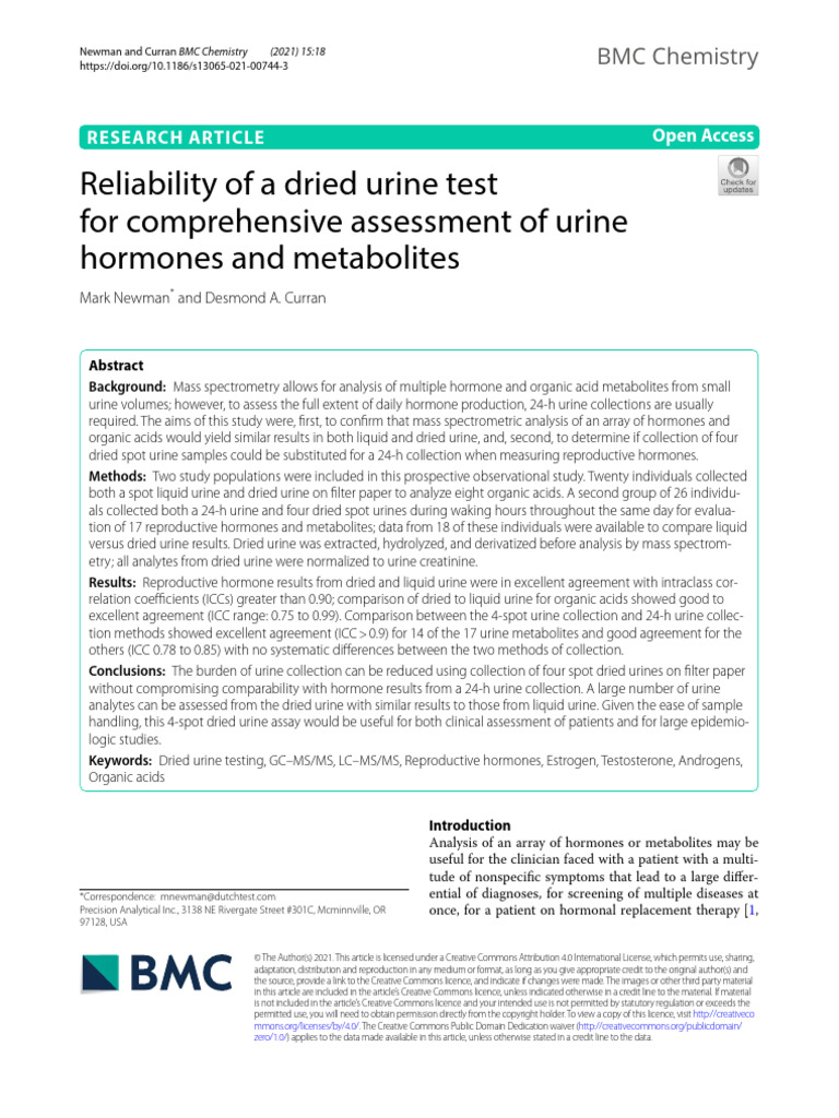 Reliability of A Dried Urine Test For Comprehensive Assessment of Urine ...