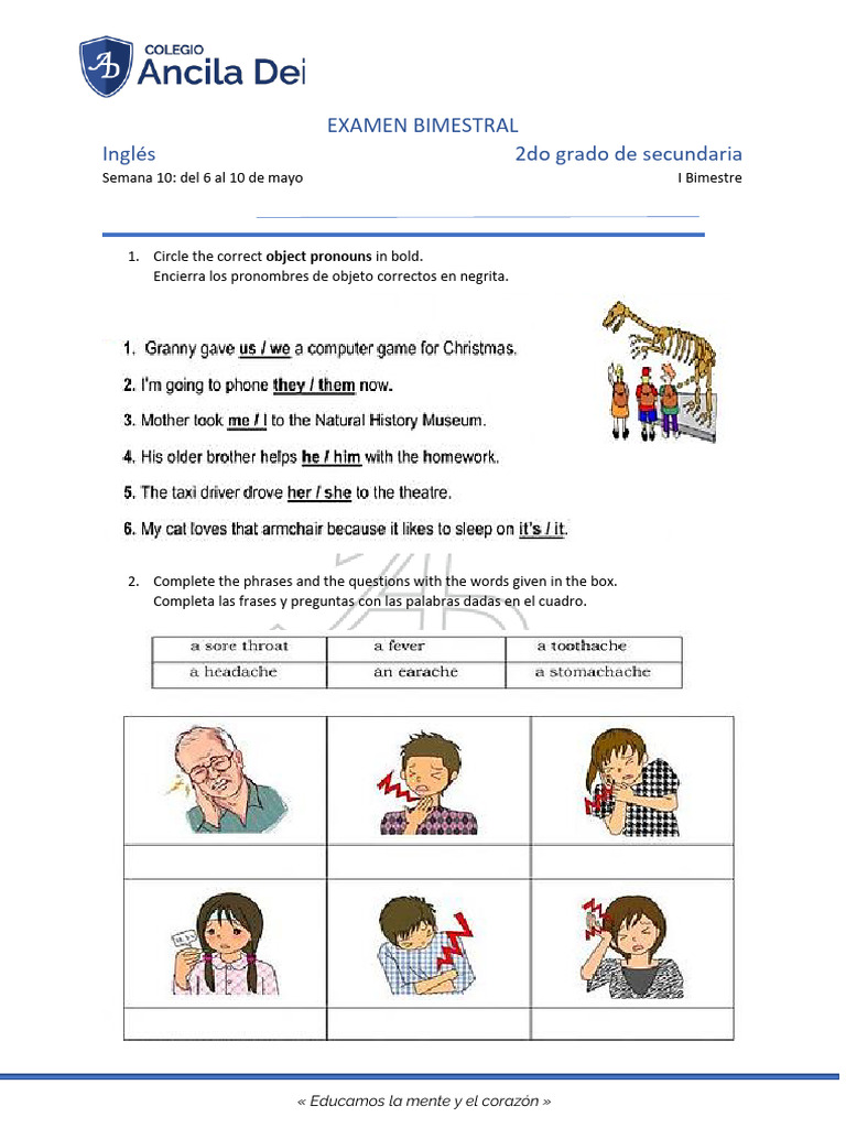 Examen Bimestral de Inglés 2do Grado | PDF