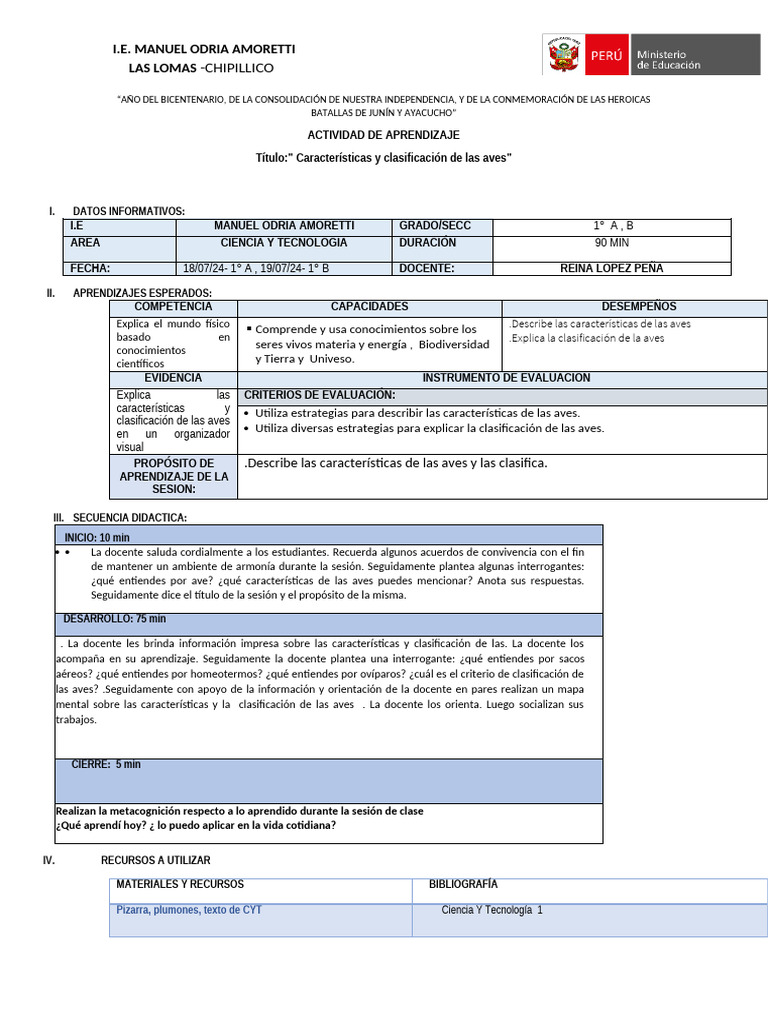 Sesion Caracteristicas y Clasificacion de Las Aves 2° Moa | PDF | Aves | Aprendizaje