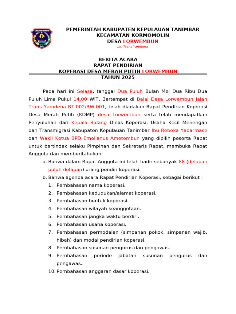 BA_ KOP PEMBENTUKAN KOPERASI DESA MERAH PUTIH (KDMP) 2025 | PDF