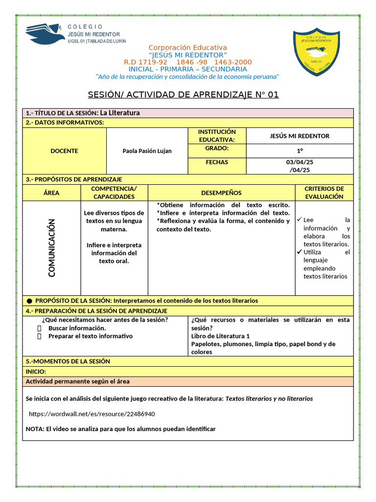 SESIÓN DE APRENDIZAJE 2 TEXTOS LITERARIOS Y NO LITERARIOS PRIMERO DE SECUNDARIA JESÚS MI ...