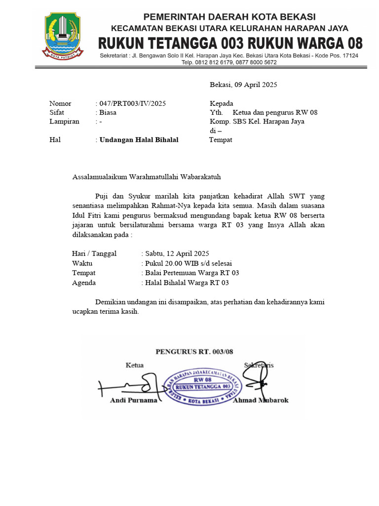 047 - Surat Undangan RT 03 Utk Pengurus RW Halal Bihalal 2025 | PDF