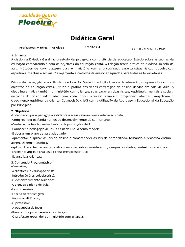 Ementa de Didática Geral - 1.2024 | PDF | Pedagogia | Inteligência