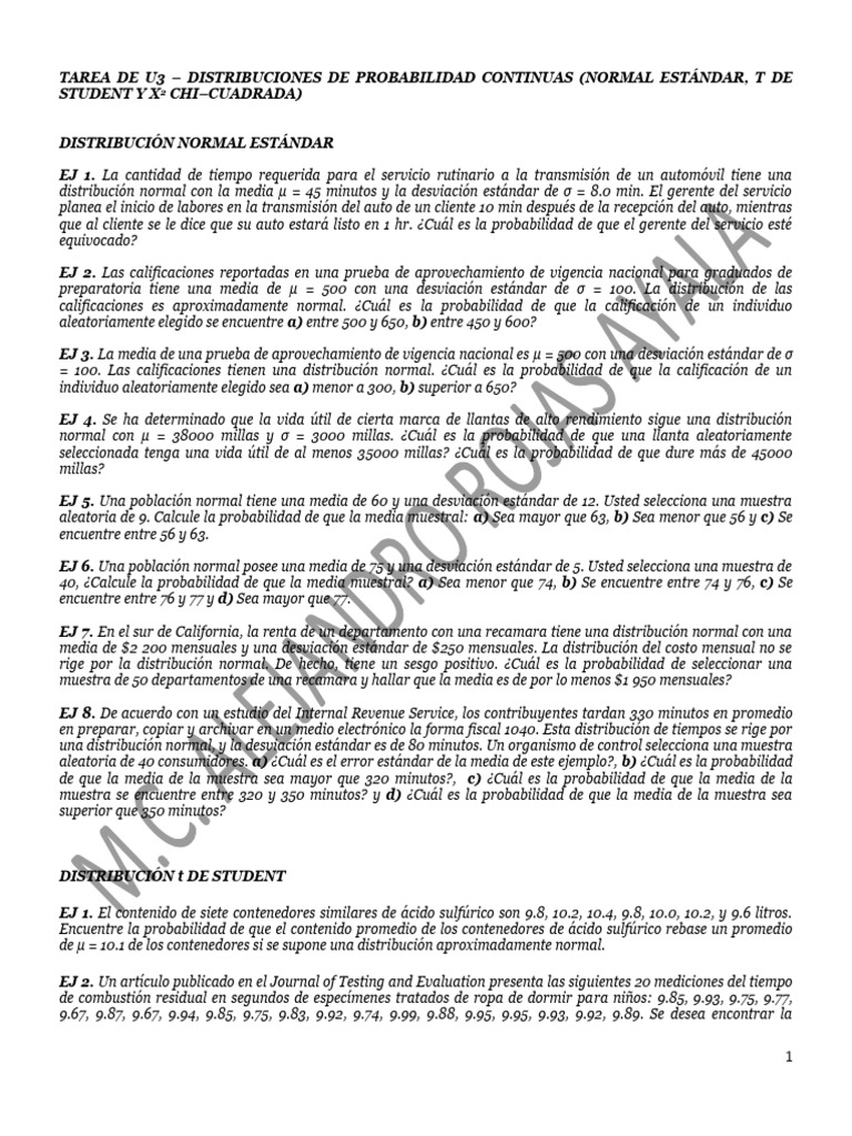 Tarea U3 - Distribuciones de Proba Continuas | PDF | Desviación Estándar | Distribución normal