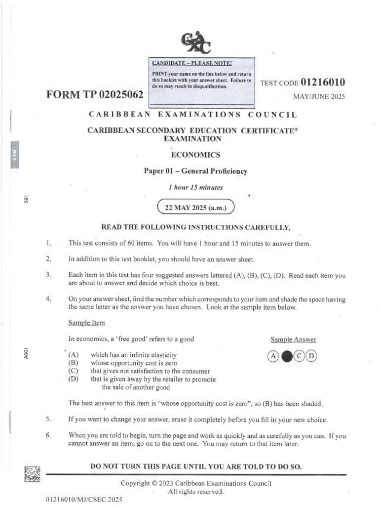 CSEC Economics 2025 Paper 1 | PDF