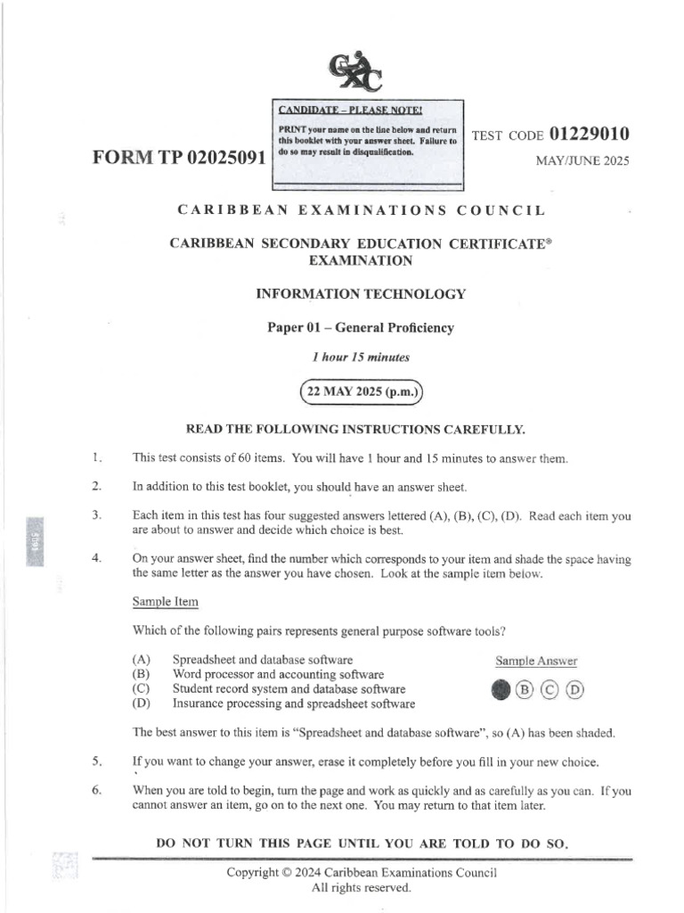 CSEC Information Technology 2025 P1 | PDF