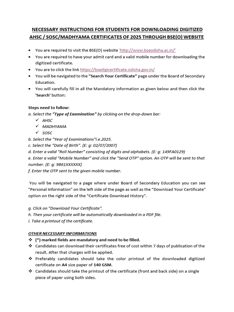 Instructions For Downloading Digitized Certificate 2025 | PDF