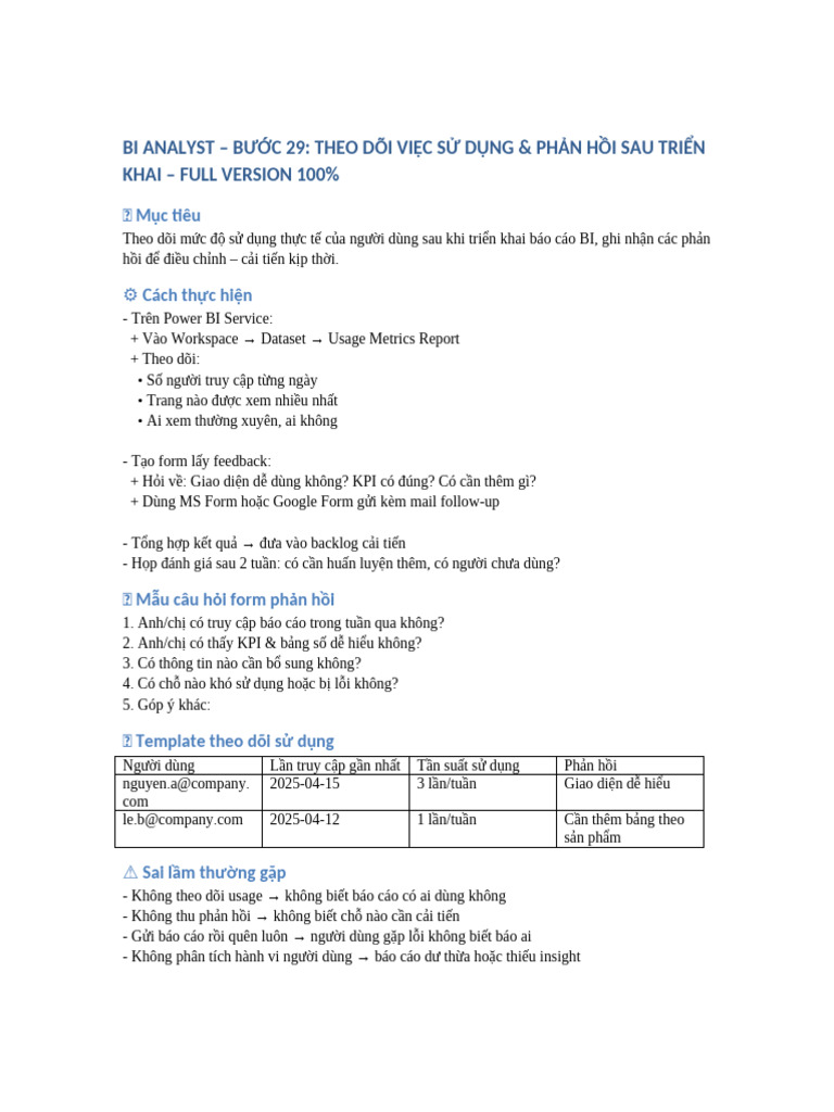 BI Analyst Buoc 29 Theo Doi Su Dung Phan Hoi FULL | PDF
