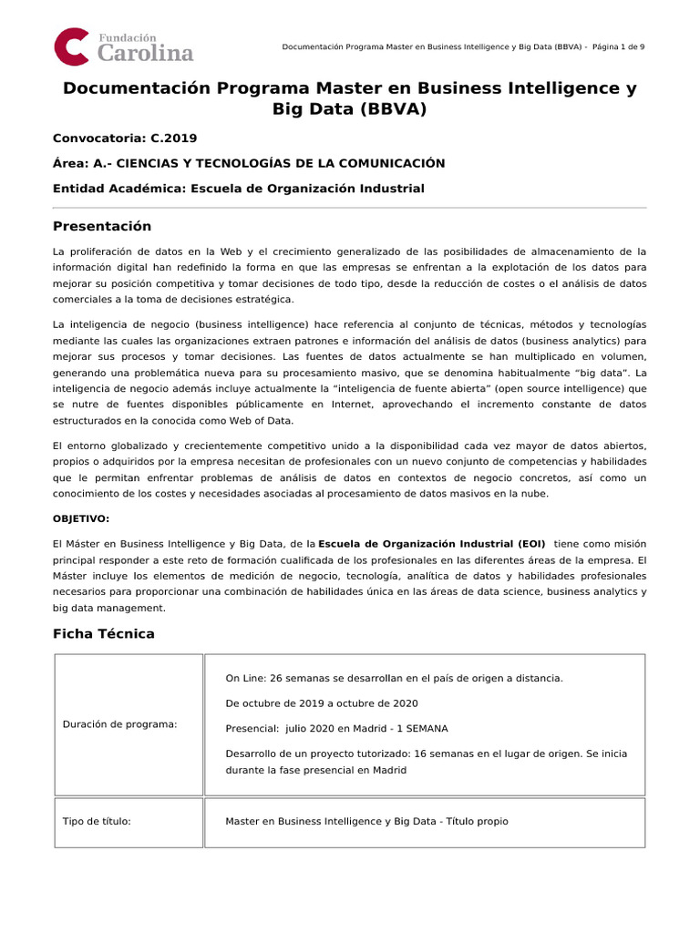 Master en Business Intelligence y Big Data (BBVA) - C.201926 - 01 - 2025 - 20 - Jan | PDF ...