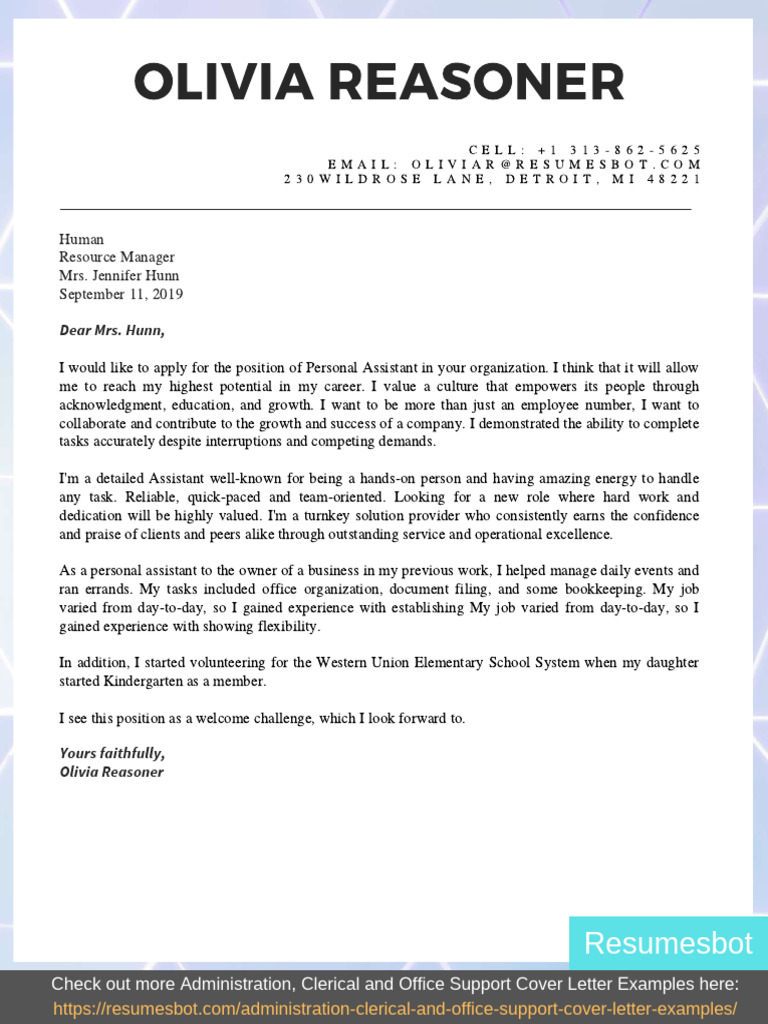 Personal Assistant Cover Letter Example | PDF