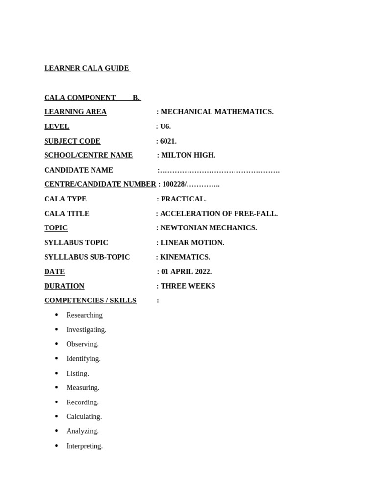 U6 Mechanical Mathematics CALA 2 Milton Learner's Guide | PDF | Acceleration | Gravity