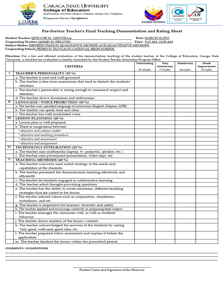 Revised Rubric For Final Teaching Demonstration 2024 | PDF | Teachers | Learning