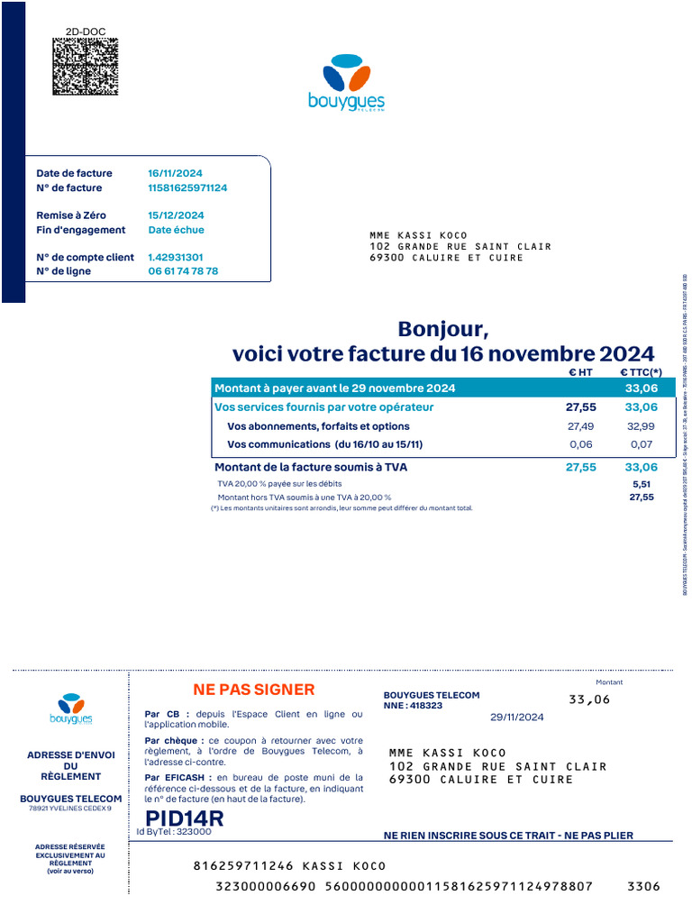 Facture Bouygues Telecom - Novembre 2024 | PDF | Télécommunications ...