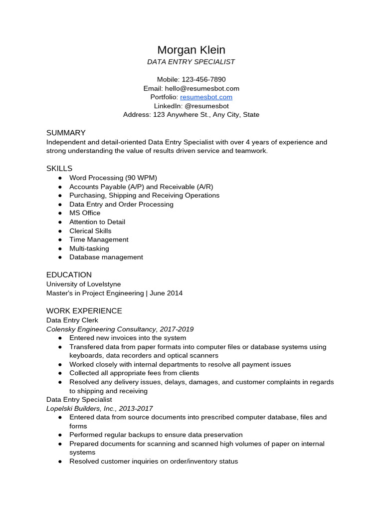 Data Entry Resume Example | PDF