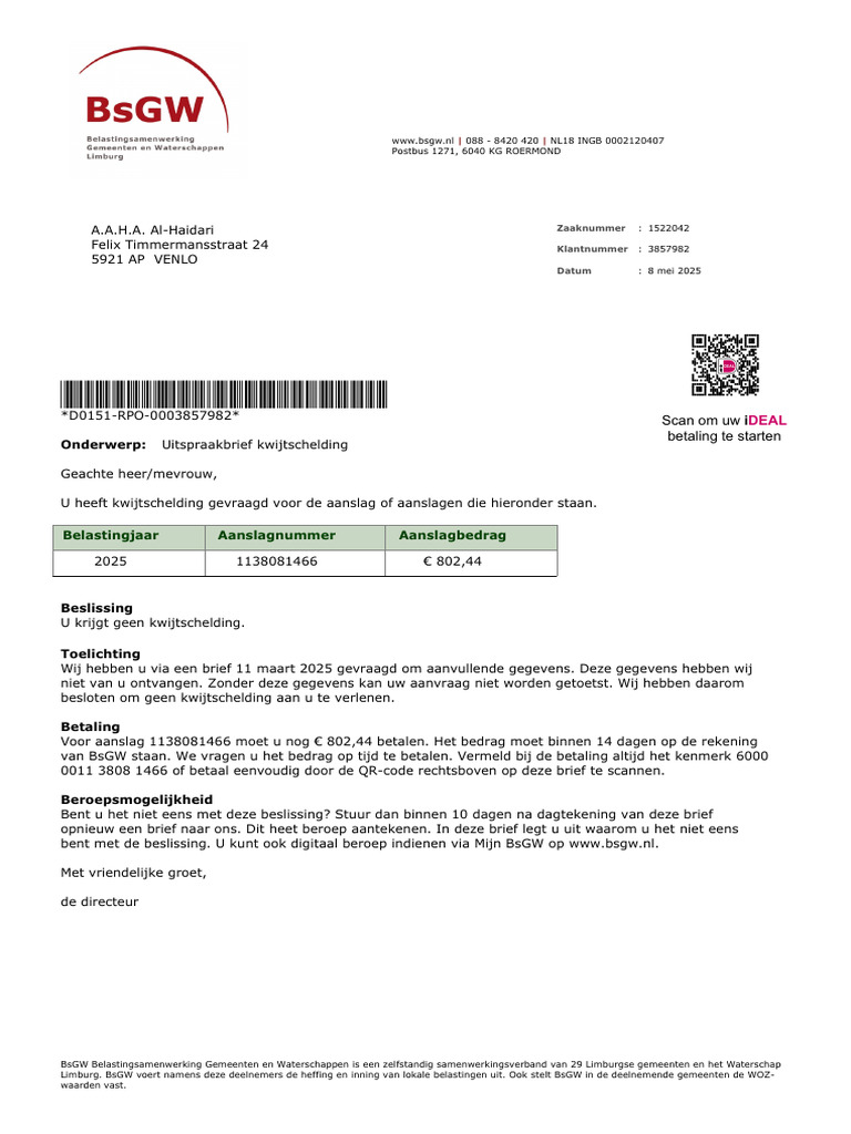 Uitspraakbrief Kwijtschelding | PDF