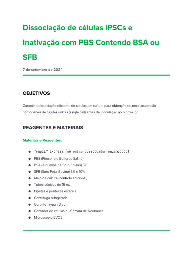 POP - Dissociação de Células iPSCs e Inativação Com PBS Contendo BSA Ou ...